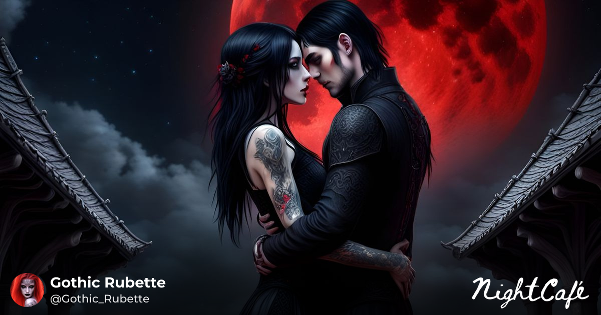 Goth couple under the red moon - Gothic Couple Embrace Under...