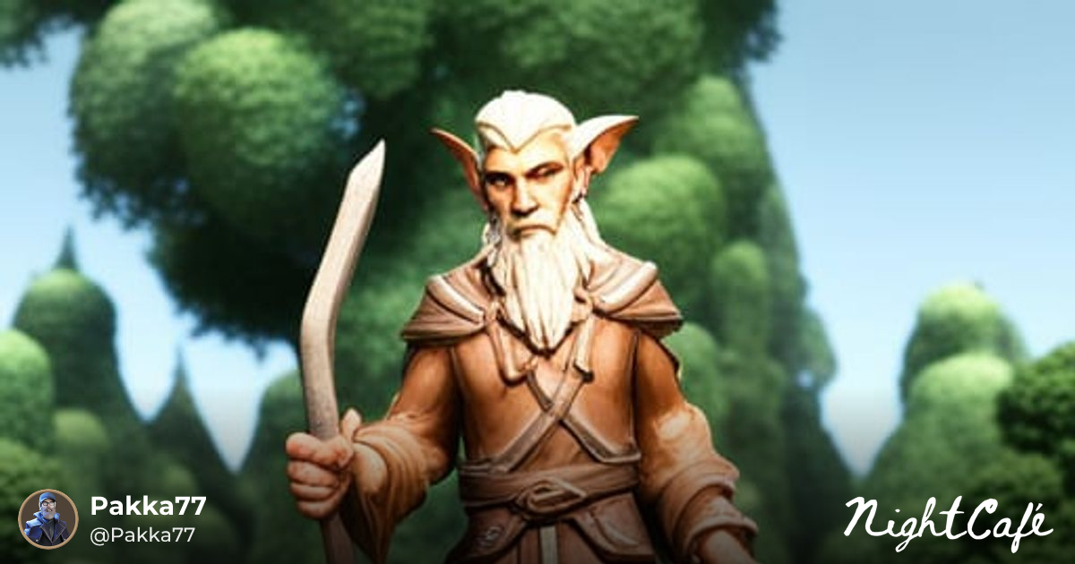 D&D figurine elf, innkeeper, standing in a field