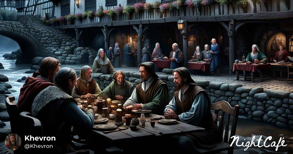 Lively Medieval Tudor Inn Scene by Stream - AI Art