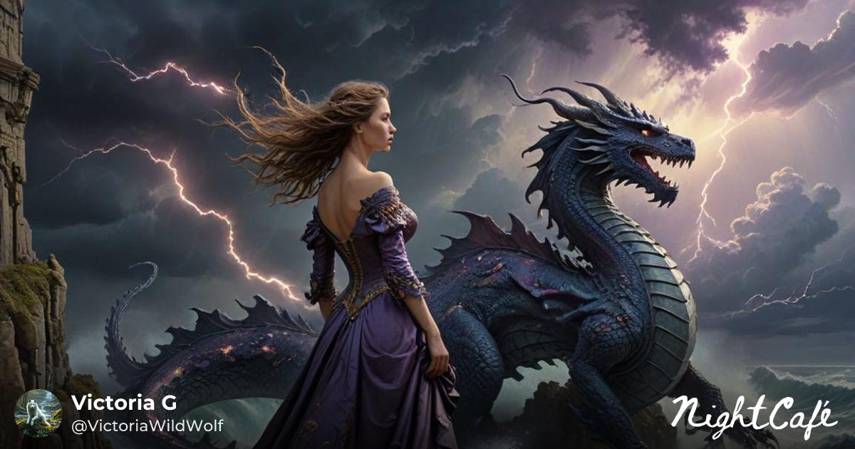 Lady and her dragon - Fantasy Oil Painting of Lady and Drago...