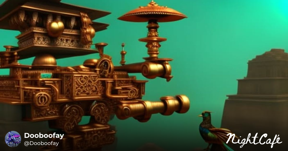 Steampunk Quetzal Bird Soaring Over Mayan Temple - AI Art