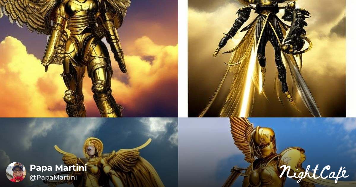 Golden Battle Angel Descending Through Clouds - AI Art