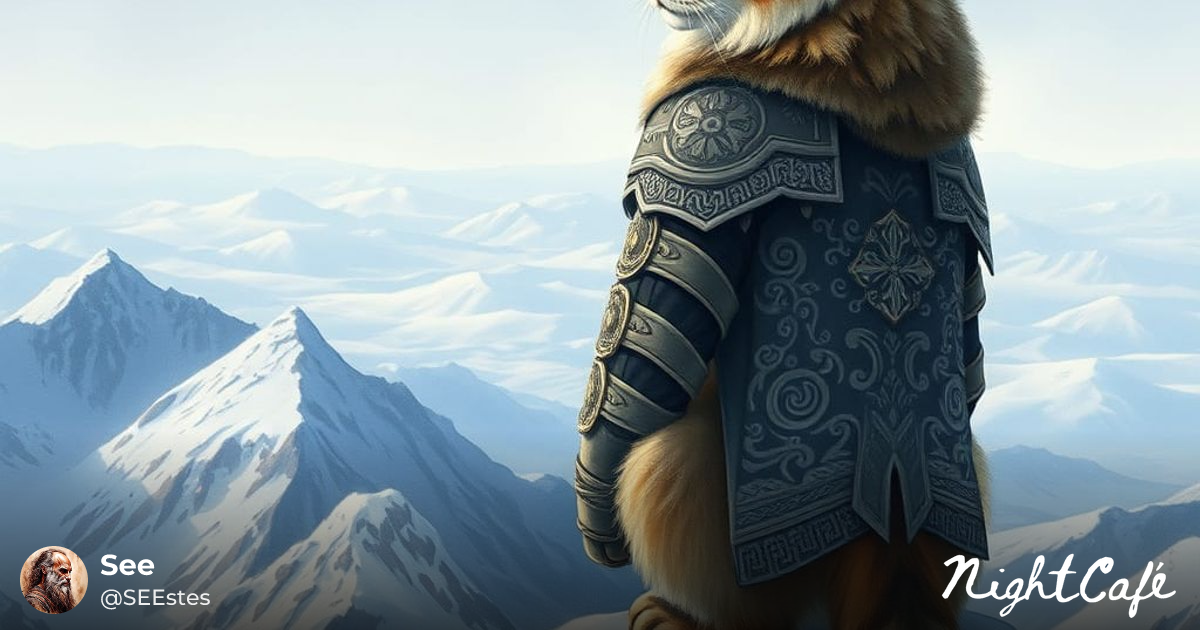 Armored Warrior Cat on Snowy Peak - AI Art