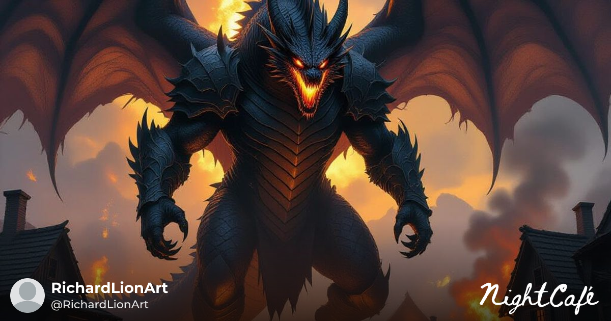 Cosmic Flame Dragon in Dark Fantasy Scene - AI Art
