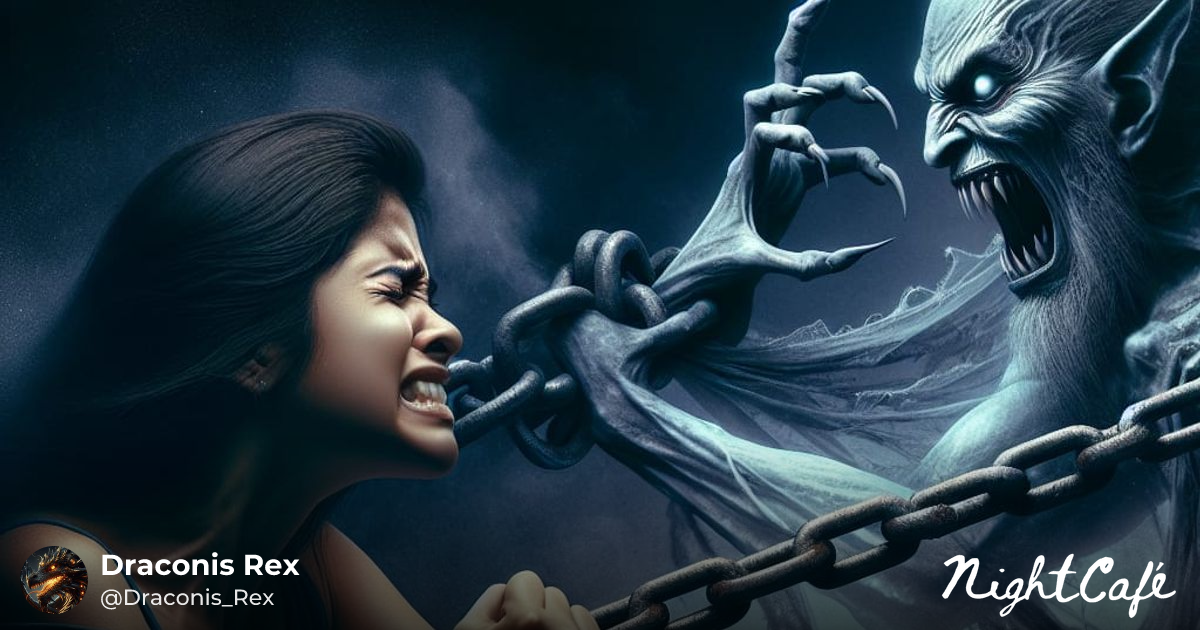 Chained to Misery - Woman's Struggle Against Spectral Beast