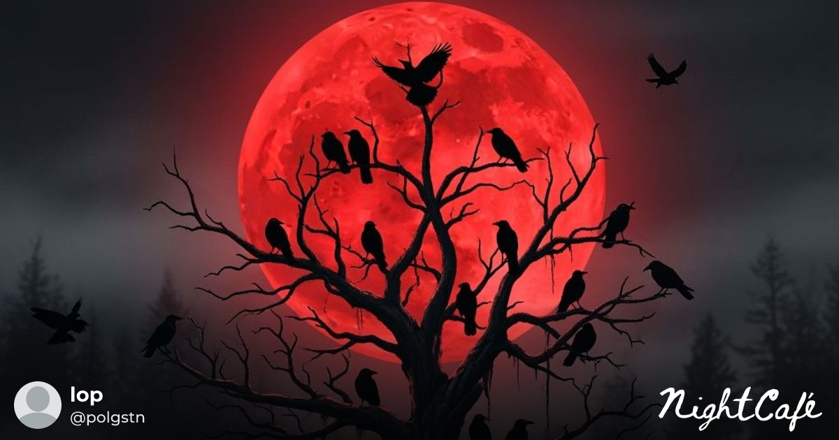 Crows Under Red Moon in Digital Painting Style - AI Art