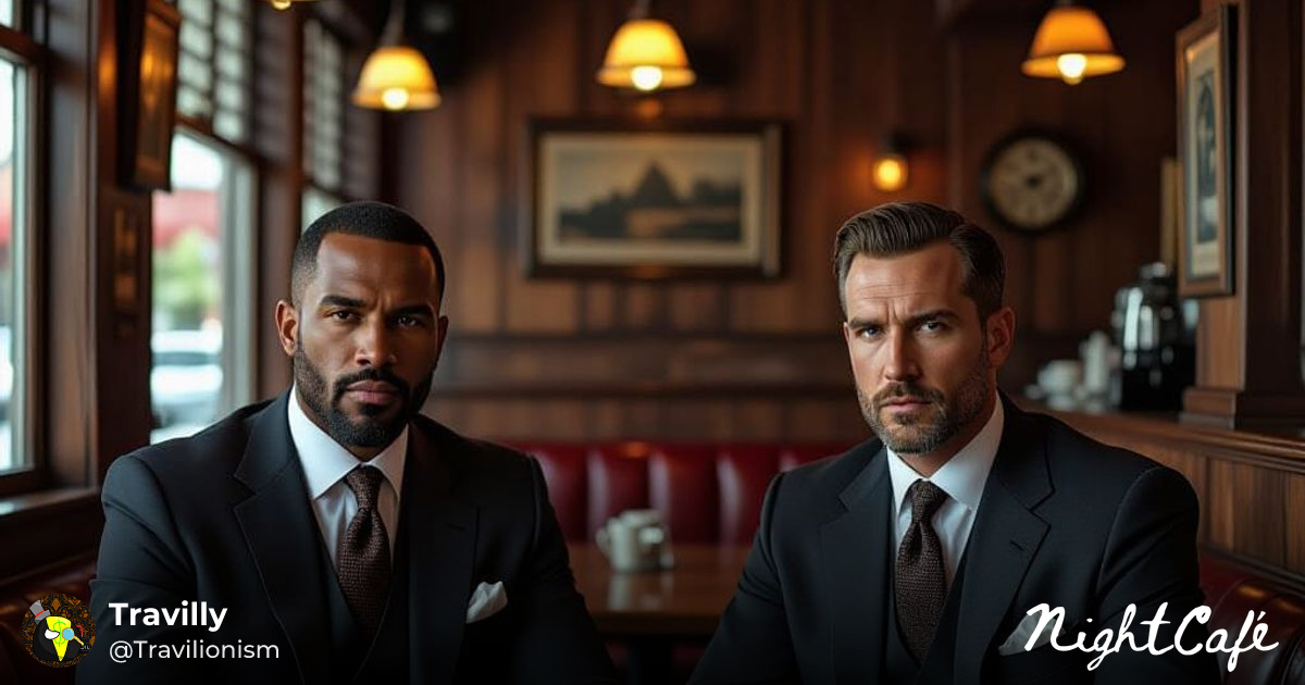 Carl Johnson and Niko Bellic in Suits at Cafe - AI Art