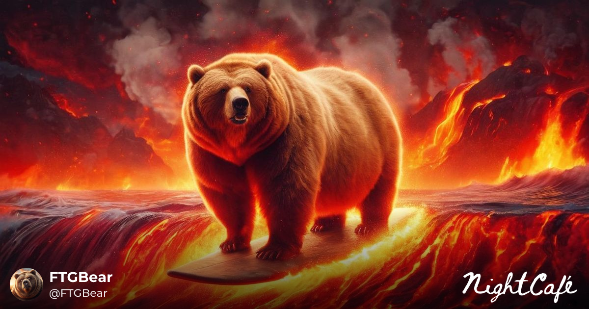 Kodiak Bear Surfing Lava Wave in Fiery Ocean - AI Art