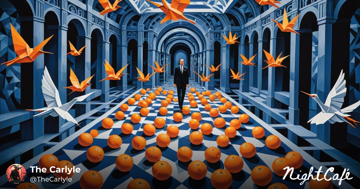 A labyrinth stretches across a surreal landscape, with origami paper cranes soaring through the ...