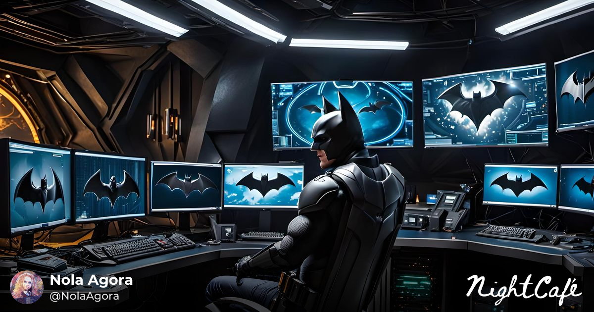 The batman sits in chair in the batcave surrounded by computer monitors ...