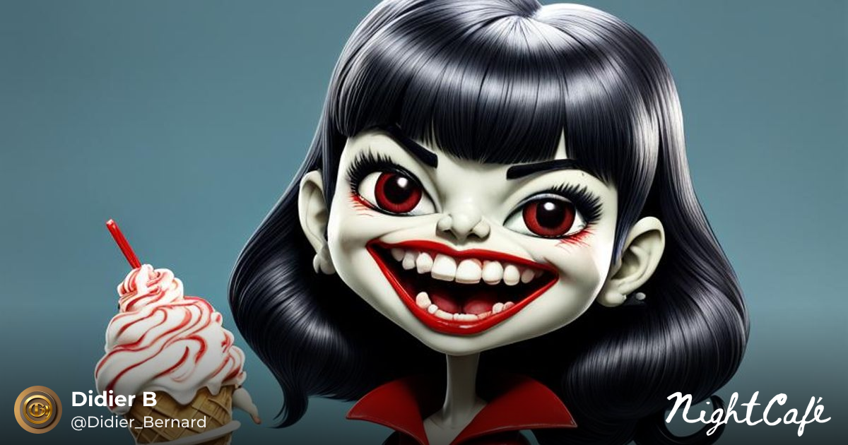wacky adorable Vampirella eating an ice-cream. Funny caricature ...