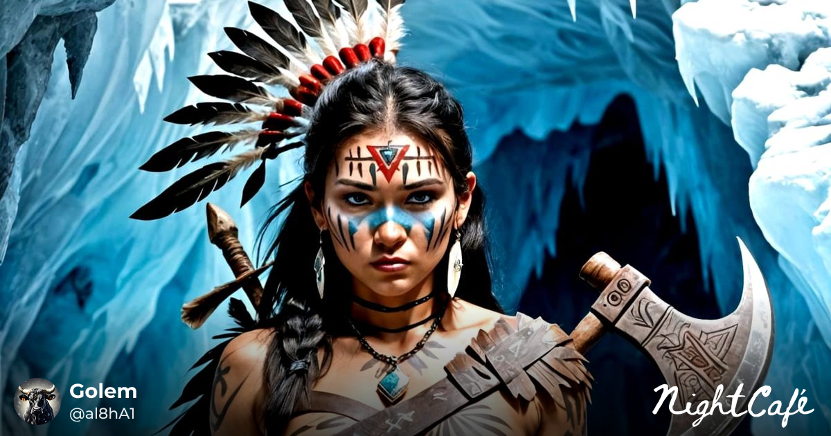 Sioux Warrior Woman in Icy Cave with Tomahawk - AI Art