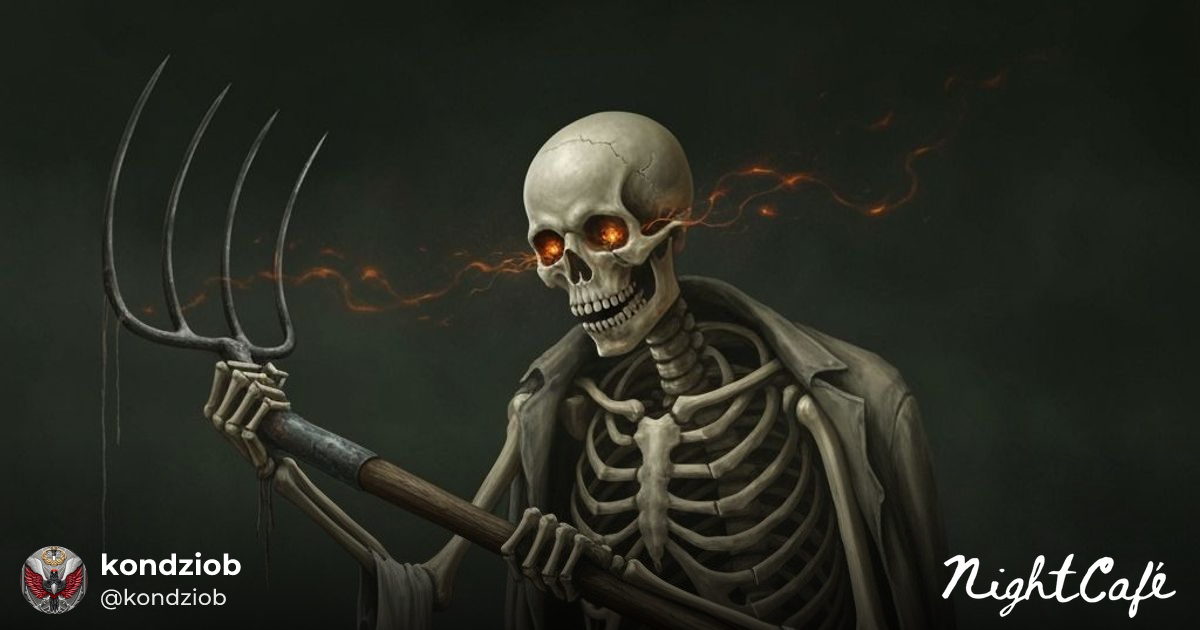 Risen Farmer Skeleton Clutching Broken Pitchfork - AI Art