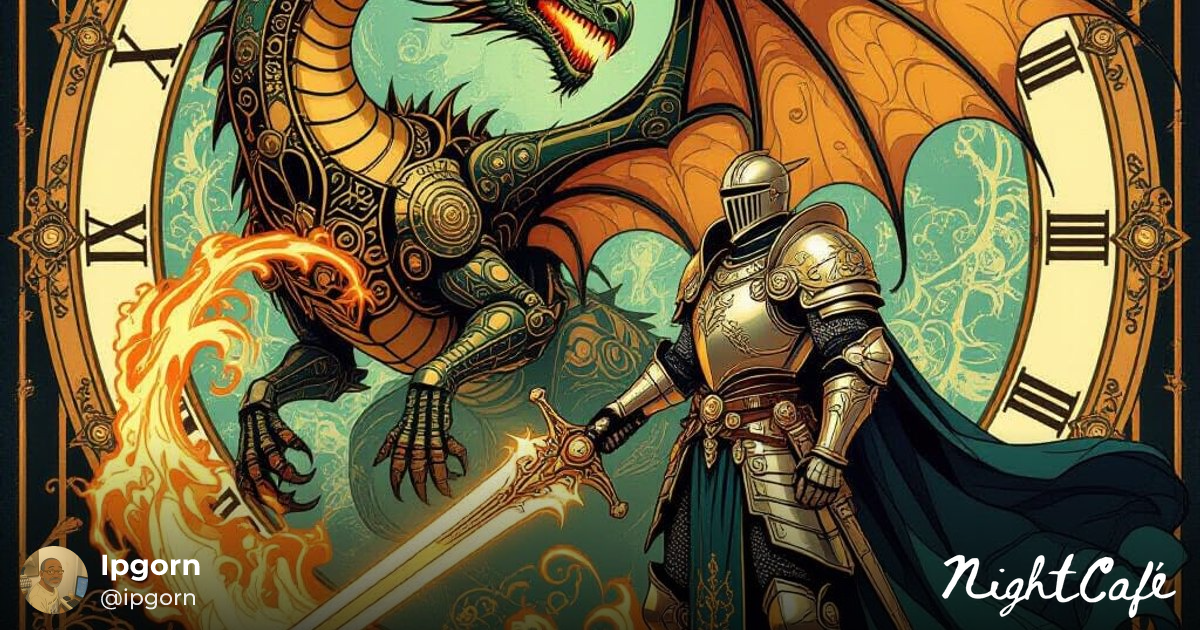 Steampunk knight with glowing sword faces fire-breathing clockwork dragon.