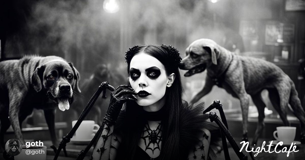 Gothic Model in Foggy Cafe with Giant Creatures - AI Art