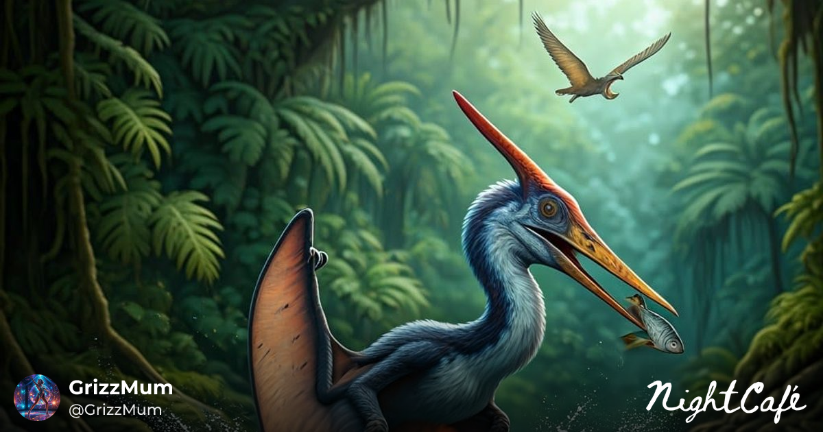 Realistic image of a pterodactyl, catching FISH in a river
