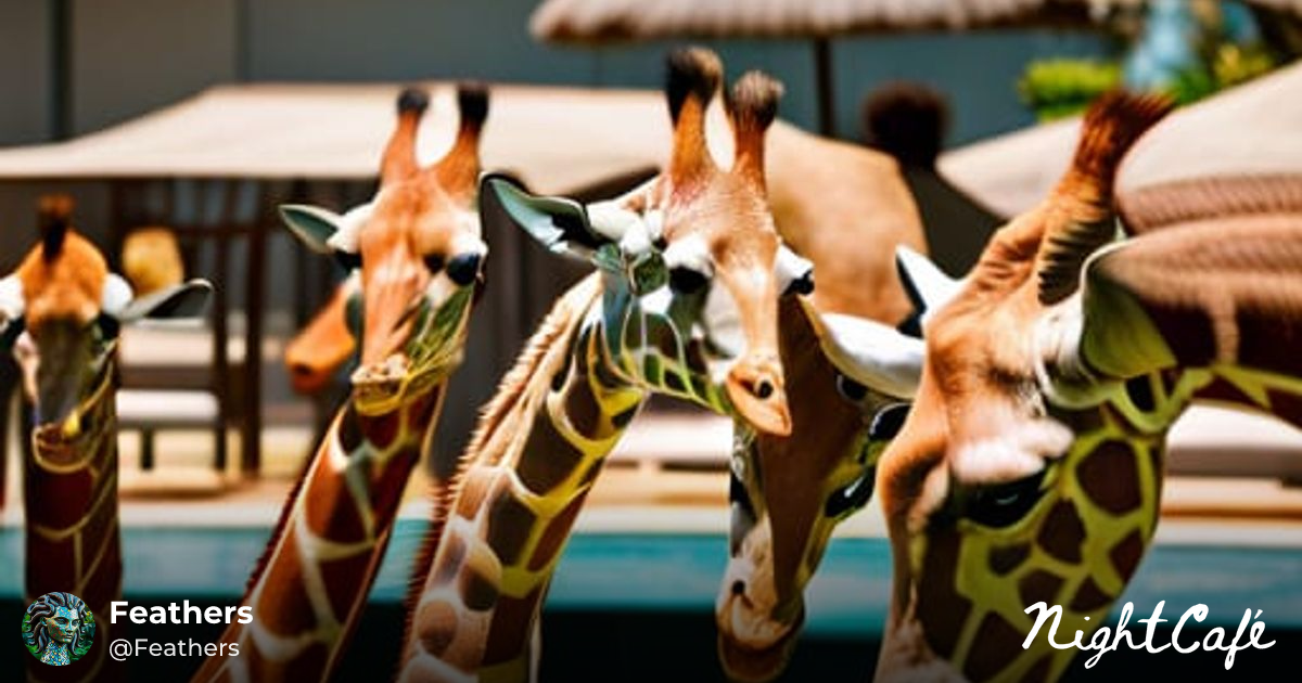 Giraffes Relaxing at a Resort Pool - AI Art