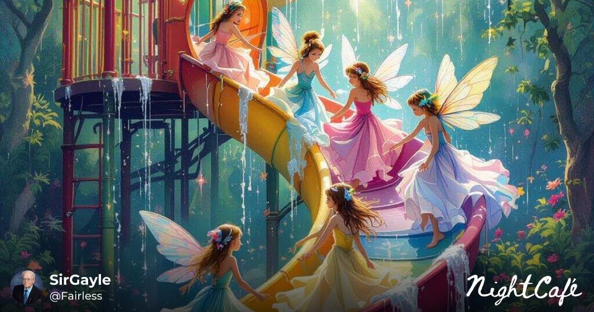 Rain Fairies Cascade Down Playground Slide - AI Art