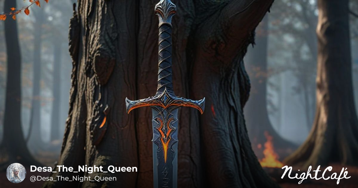 An elven sword, made of fire, with elven engravings on a fire stone ...