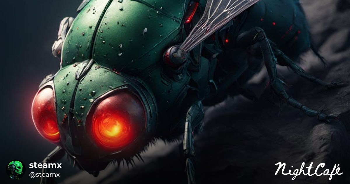 Real concept art. Wide shot. A fly head with glowing red eyes stands on meteorite stone. Close ...