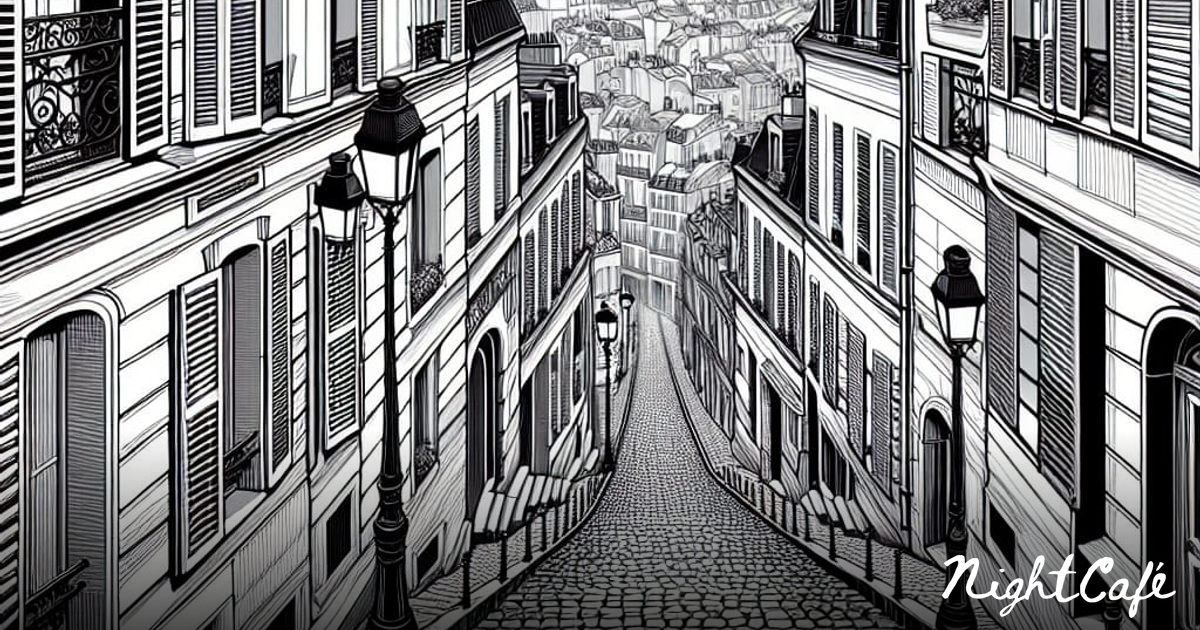 Monochrome Line Art of European Street Scene - AI Art
