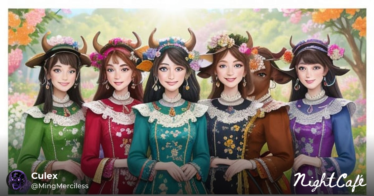 12 happy fantasy anthropomorphic cow people close up group photo