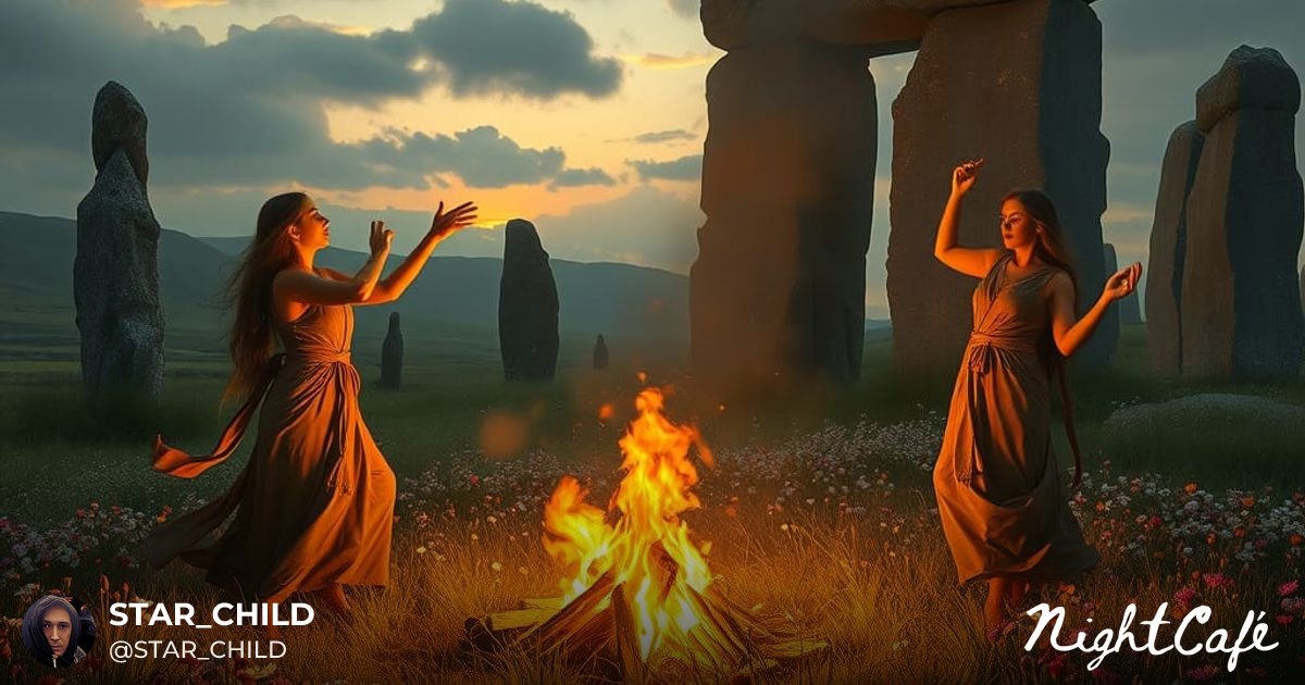 Photorealistic neolithic priestesses dance around a fire in a field ...