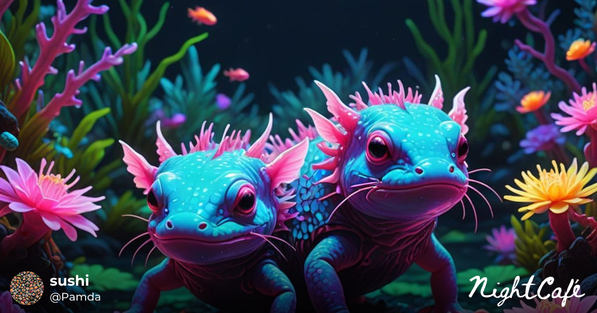 Whimsical Neon Axolotls in Iridescent Lake - AI Art