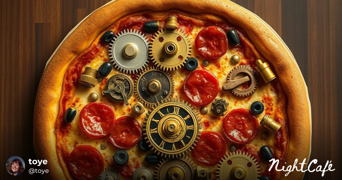 a pizza made of clockwork gears and brass fittings