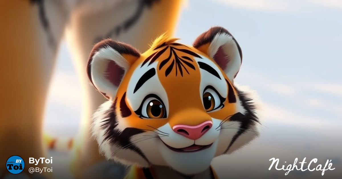 Smiling cartoon tiger, in the style of Pixar