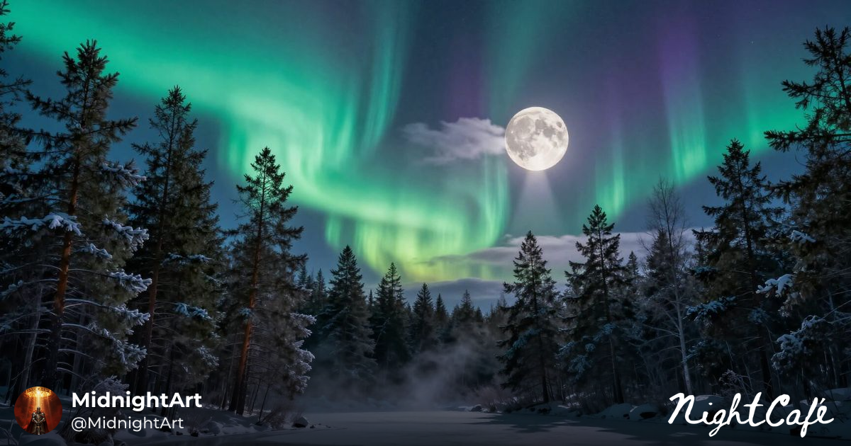 Aurora Over the Silent Pines - Aurora Borealis Over Snowy Fo...