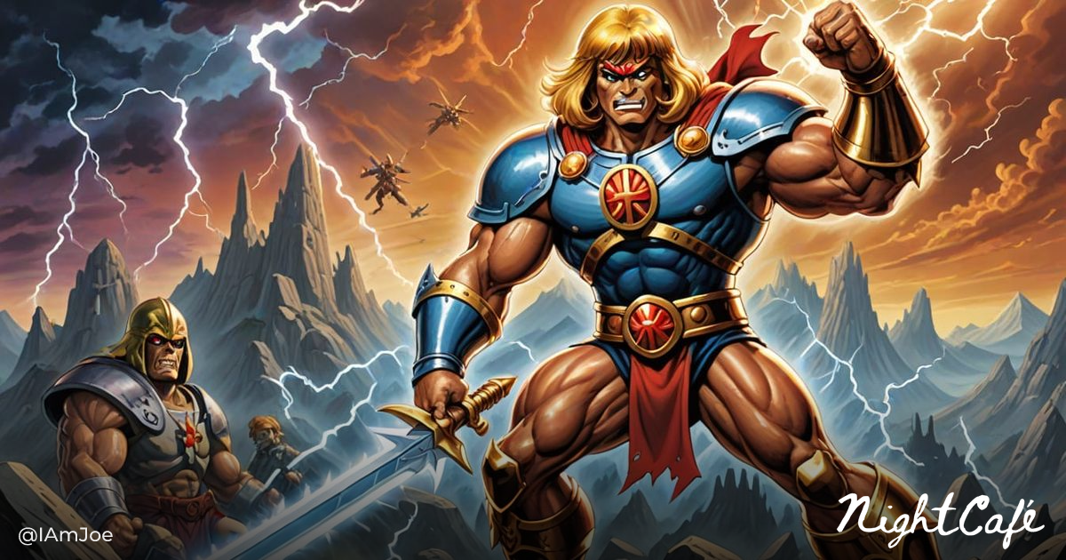 Adam, the Prince of Eternia, uses the Sword of Grayskull to transform ...