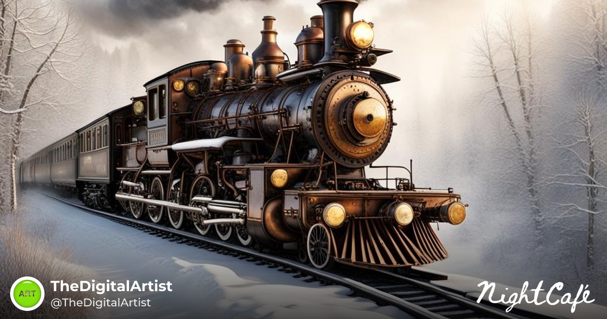 Victorian steam train travelling in winter, steampunk, diesel-punk, mecha