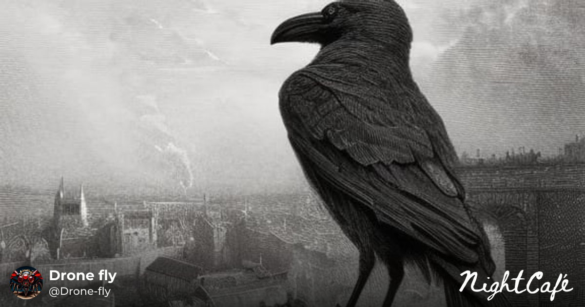 Crow#2 - Crow Over Medieval City: Pencil Sketch in Doré Styl...