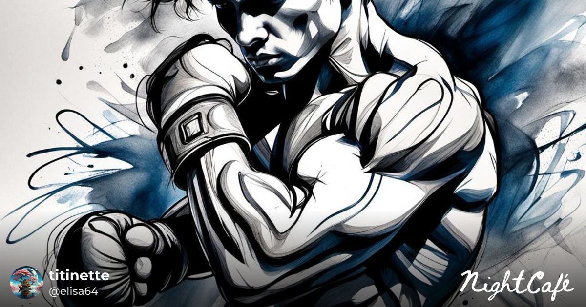 Boy in Boxing Stance: Dynamic Mixed Media Portrait - AI Art