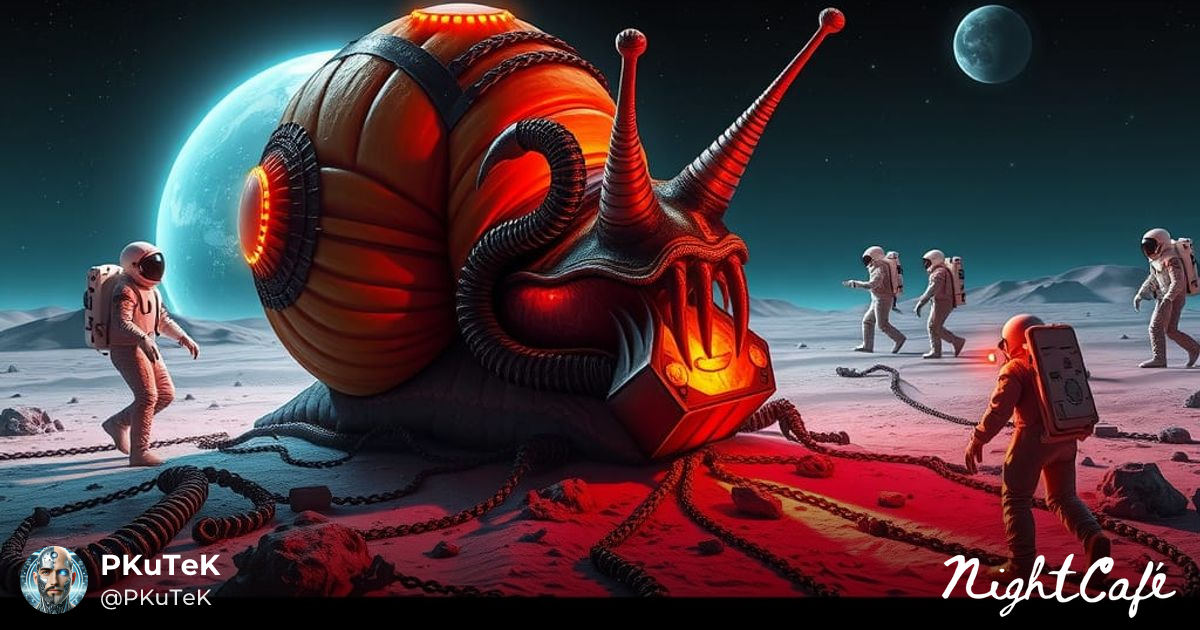 Cyborg Snail's Lunar Hunt: Macabre Neon Horror - AI Art