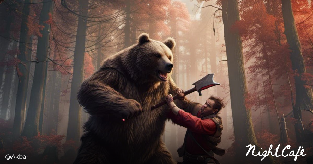 Epic Forest Battle: Man Versus Bear in Detailed Pa... - AI Art