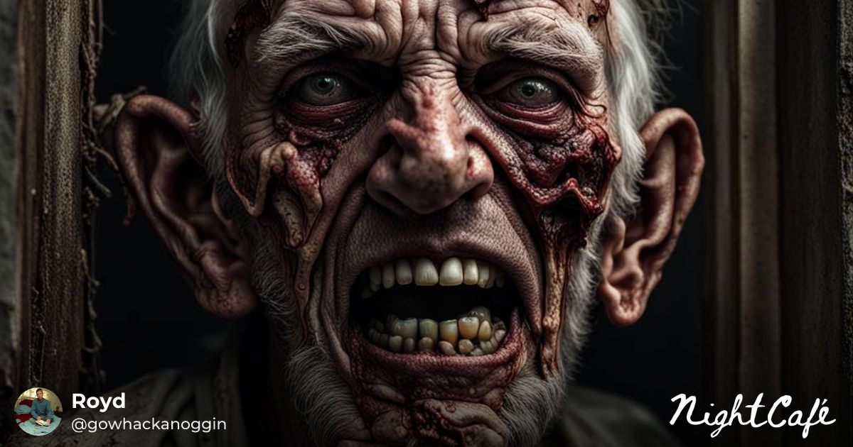 realistic photograph, old man, possessed by demons, rotten flesh ...
