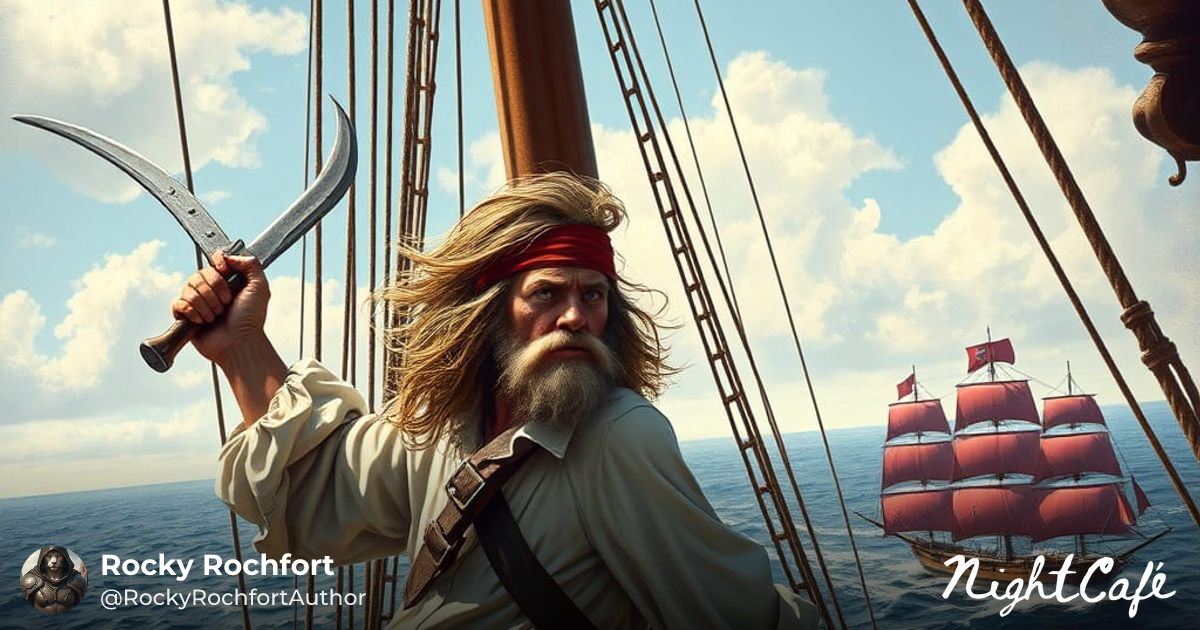 Realistic, full body, swashbuckler standing at the rail of his three ...