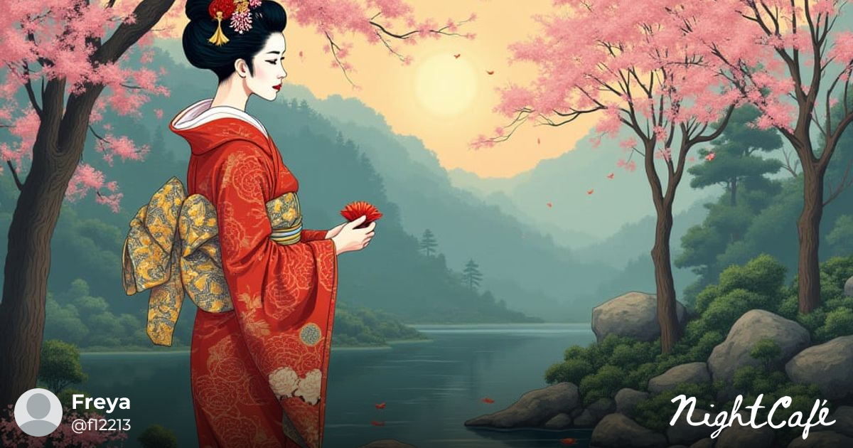 picture a serene geisha standing gracefully in a traditional Japanese ...