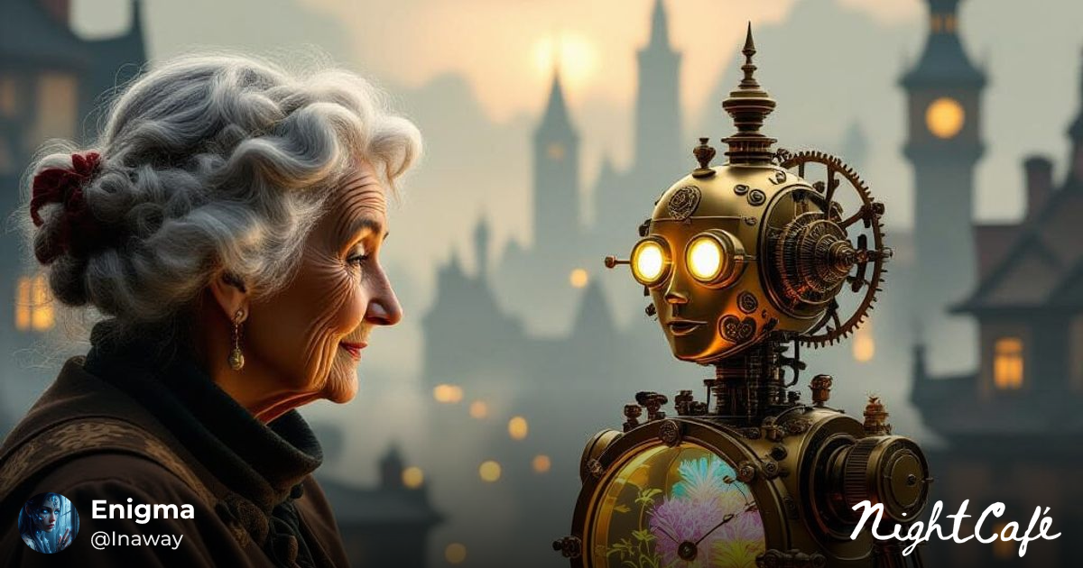 Old Woman Gazes at Steampunk Automaton with Digita... - AI Art