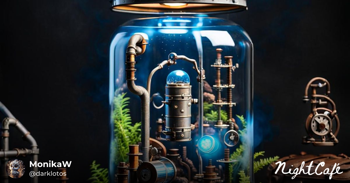 Steampunk Terrarium (with bright backlight:1.9) inside a huge empty tin ...