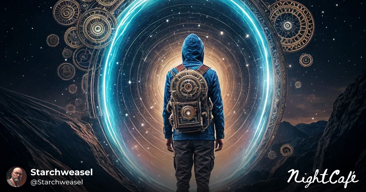 A traveler through alternate dimensions wearing an elaborate mechanism ...