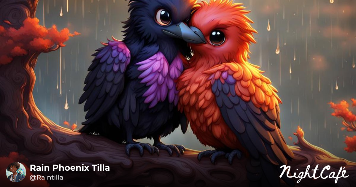 Chibi Phoenix and Raven Cuddling in the Rain - AI Art