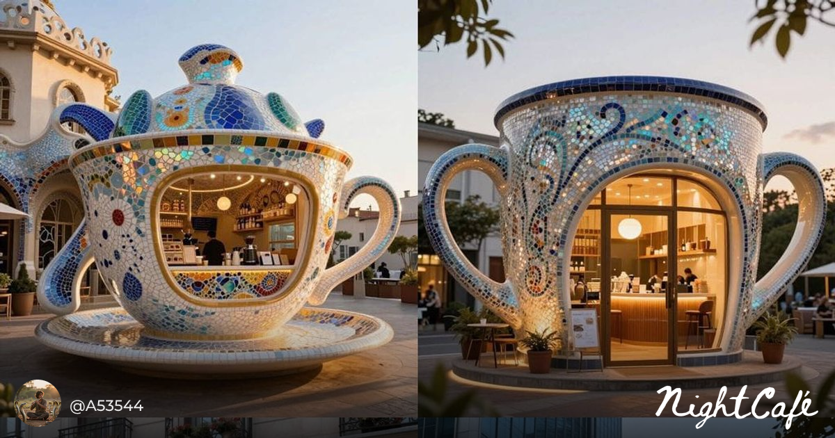 High-End Coffee Shop Shaped Like a Sparkling Mug - AI Art