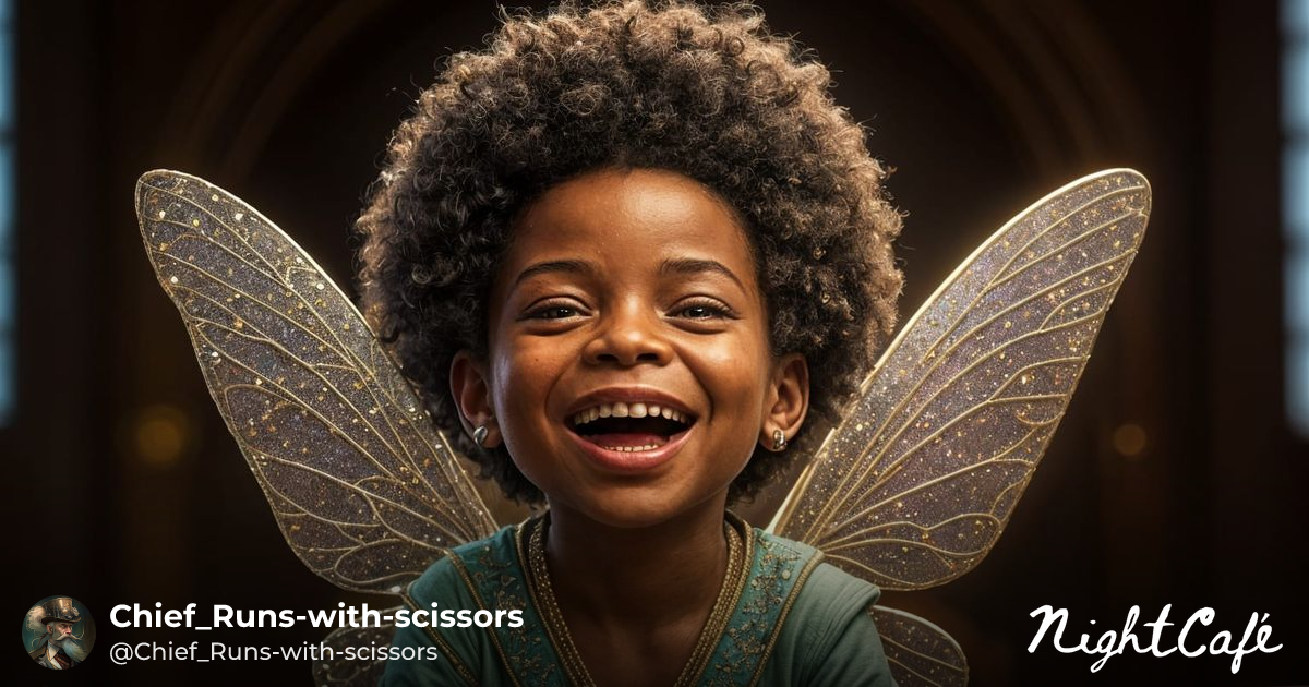 "Portrait of a tiny laughing Nigerian glitter fairy pixie on wizard's ...