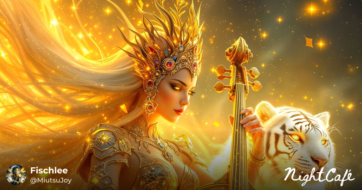 cyber-empress Galandra playing a glowing golden cello