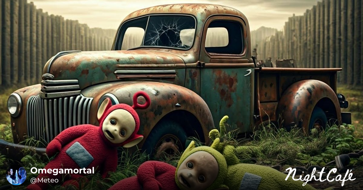Abandoned Teletubbies Mourn in a Deserted Junkyard - AI Art