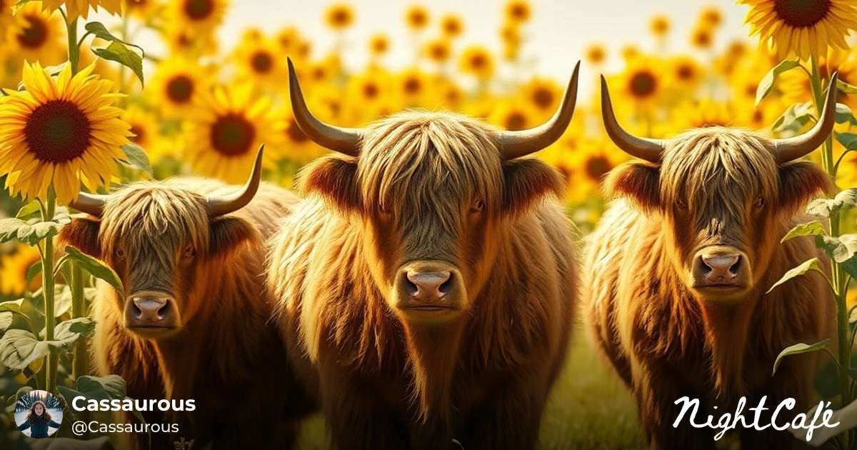 Majestic Highland Cows Roam Through a Surreal Sunf... - AI Art