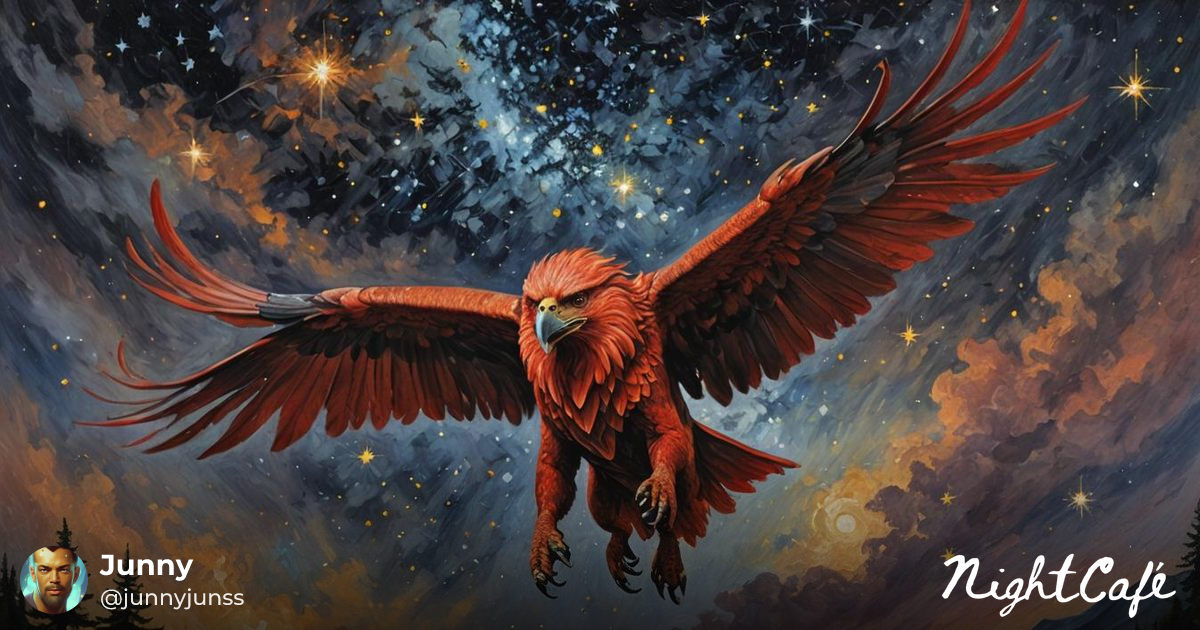 Red griffon - Red Griffon Soaring Through Starry Night Sky